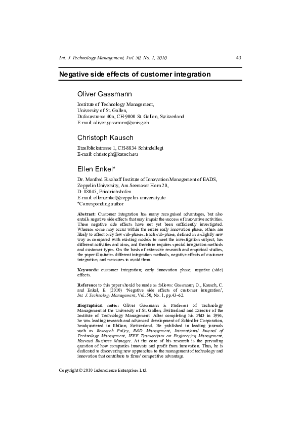 (PDF) Negative side effects of customer integration