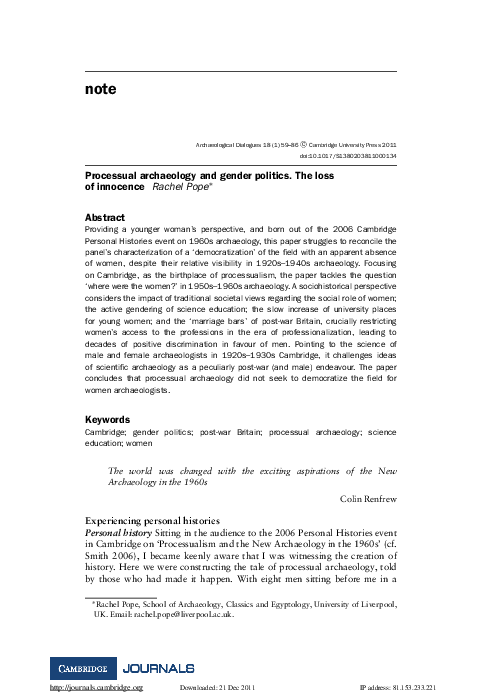 (PDF) Processual archaeology and gender politics: The loss of innocence