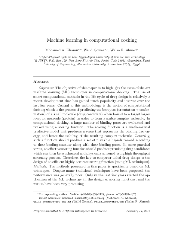 (PDF) Machine learning in computational docking