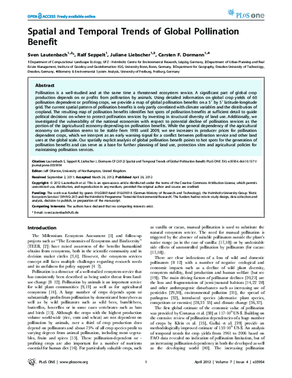 (PDF) Spatial and Temporal Trends of Global Pollination Benefit