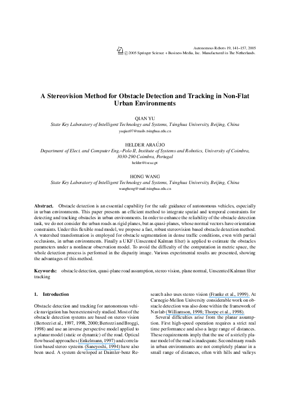 Pdf A Stereovision Method For Obstacle Detection And Tracking In Non