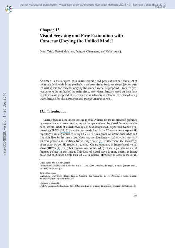 (PDF) Visual Servoing and Pose Estimation with Cameras Obeying the Unified Model