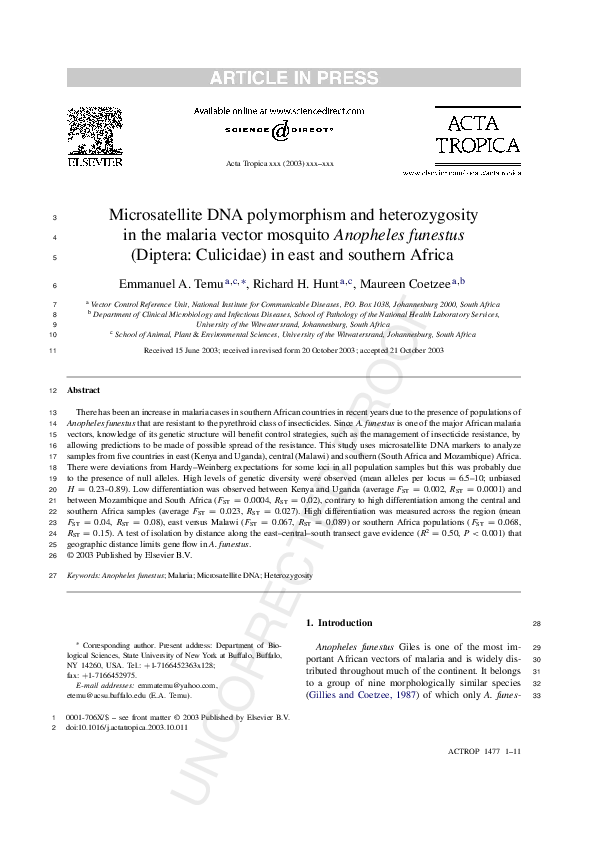(PDF) Microsatellite DNA polymorphism and heterozygosity in the malaria ...