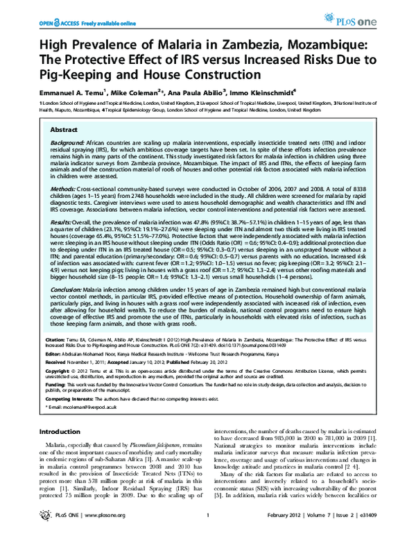 (PDF) High Prevalence of Malaria in Zambezia, Mozambique: The ...
