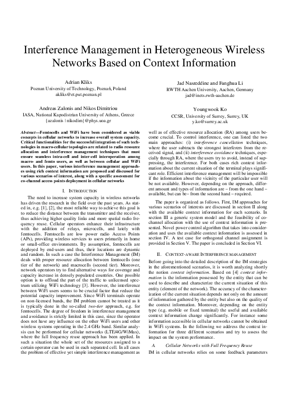 (PDF) Interference management in heterogeneous wireless networks based on context information
