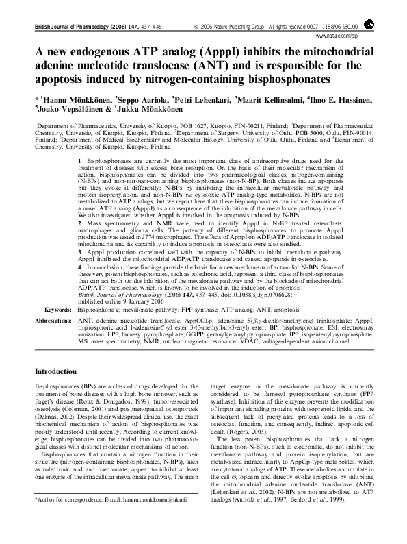 (PDF) A new endogenous ATP analog (ApppI) inhibits the mitochondrial ...