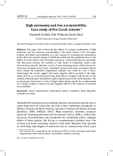 High autonomy and low accountability: Case study of five Czech schools