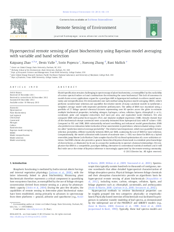 (PDF) Hyperspectral remote sensing of plant biochemistry using Bayesian model averaging with ...