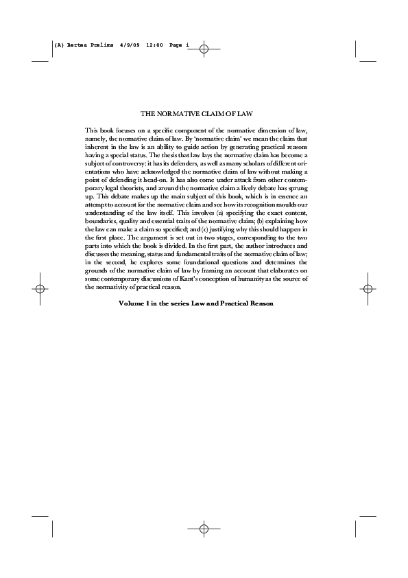 (PDF) Introduction to the Normative Claim of Law (Oxford: Hart, 2009)