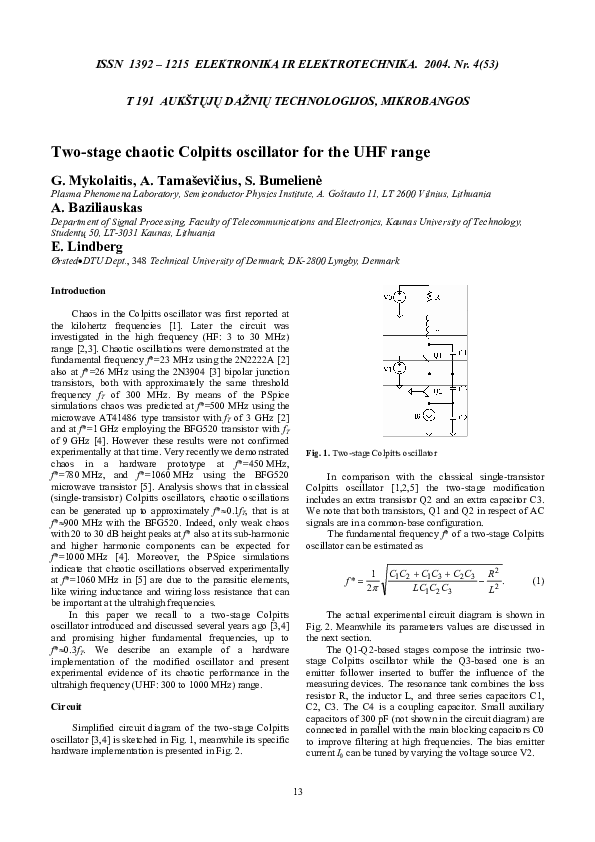 (PDF) Two-stage chaotic Colpitts oscillator for the UHF range