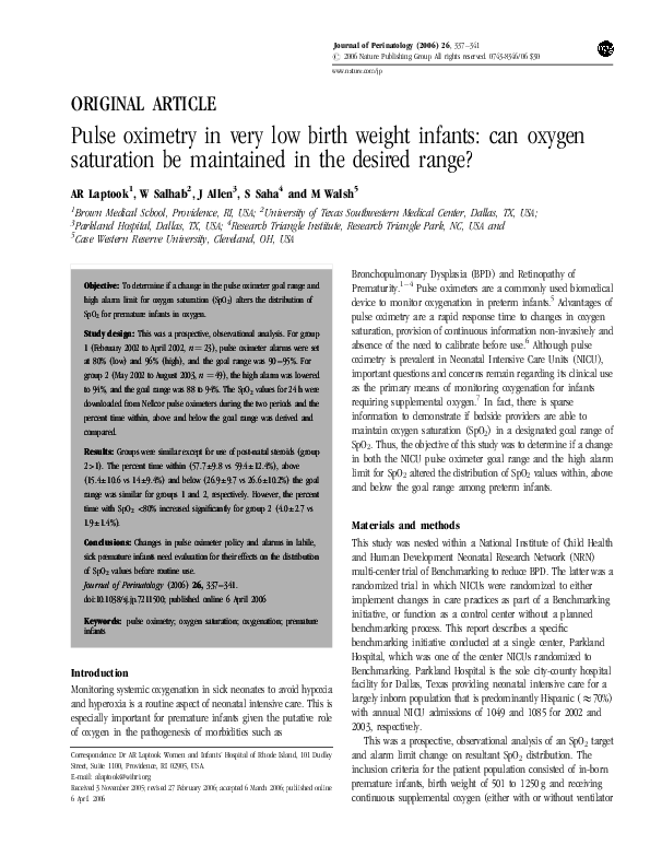 (PDF) Pulse Oximetry in Very Low Birth Weight Infants