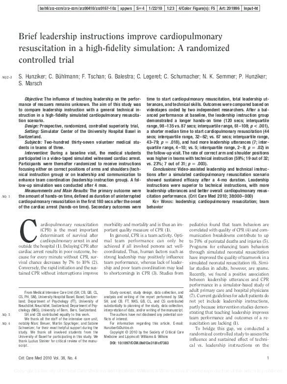 (PDF) Brief leadership instructions improve cardiopulmonary resuscitation in a high-fidelity ...