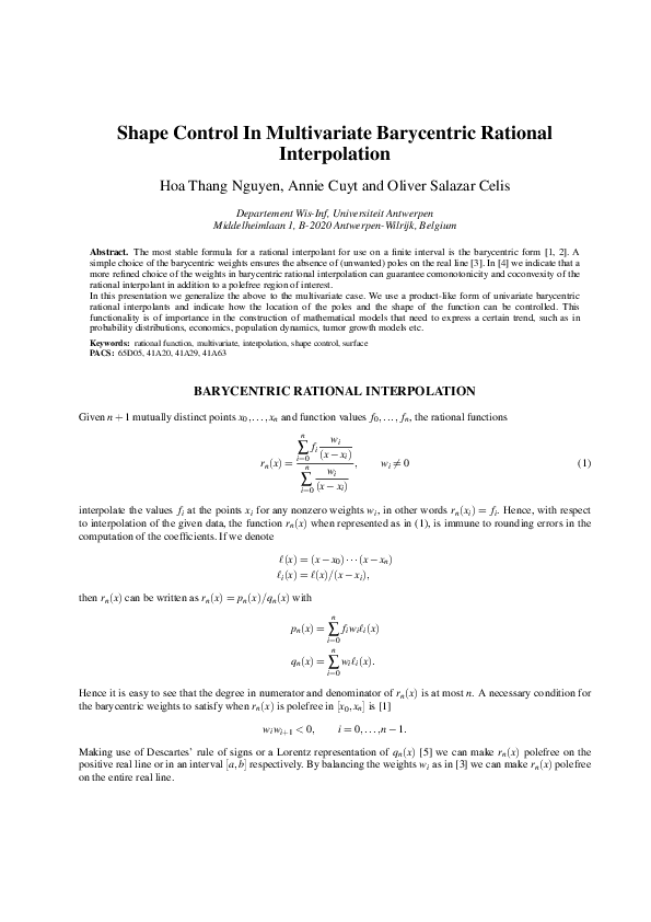 Pdf Shape Control In Multivariate Barycentric Rational Interpolation