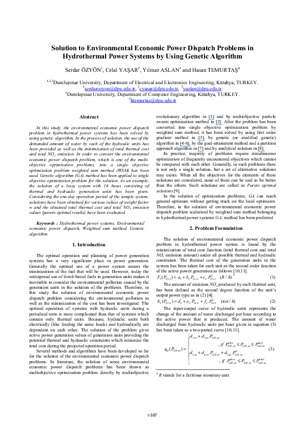 Pdf Solution To Environmental Economic Power Dispatch Problems In Hydrothermal Power Systems