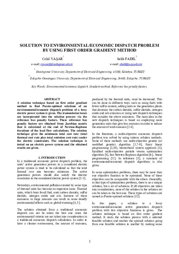 Pdf Pareto Optimal Dispatch Via Gradient Method