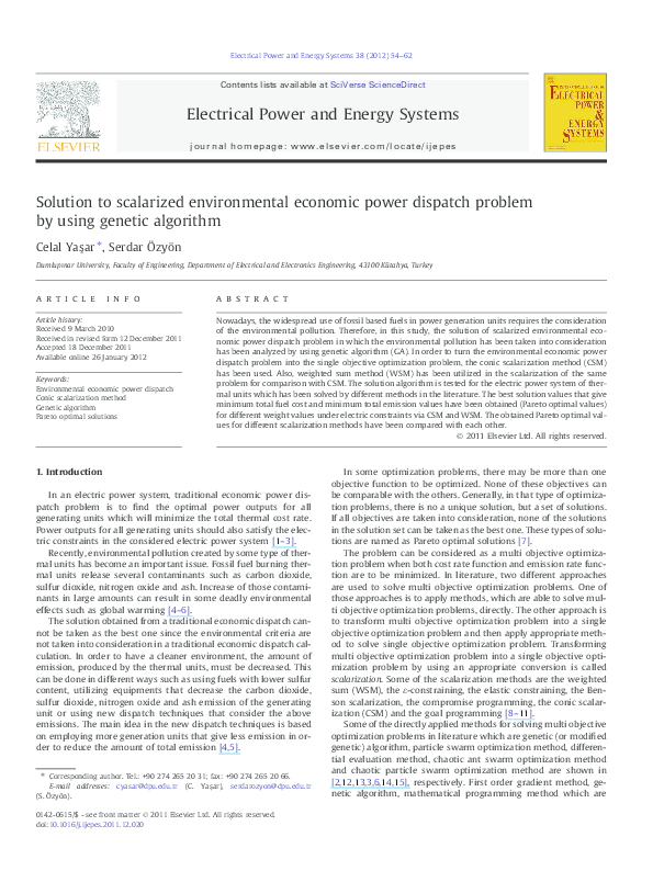 (PDF) Solution to scalarized environmental economic power dispatch problem by using genetic ...