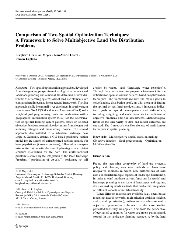 Pdf Comparison Of Two Spatial Optimization Techniques A Framework To Solve Multiobjective