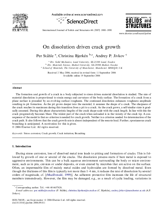 (PDF) On dissolution driven crack growth