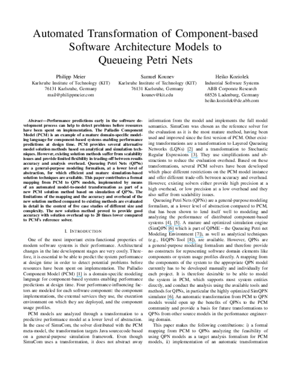 (PDF) Automated Transformation of Component-Based Software Architecture Models to Queueing Petri ...