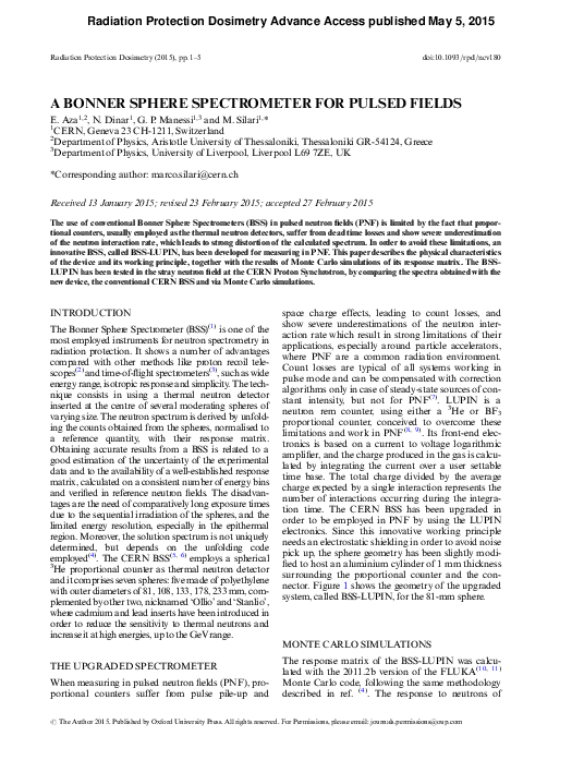 (PDF) A BONNER SPHERE SPECTROMETER FOR PULSED FIELDS
