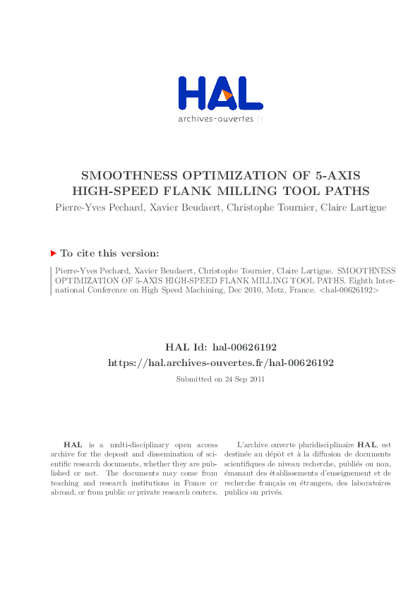 (PDF) SMOOTHNESS OPTIMIZATION OF 5-AXIS HIGH-SPEED FLANK MILLING TOOL PATHS