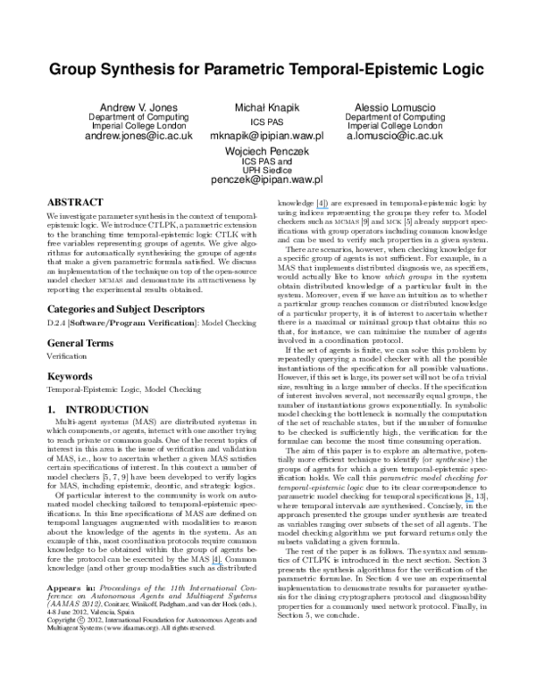 (PDF) Group synthesis for parametric temporal-epistemic logic | Wojciech Penczek - Academia.edu