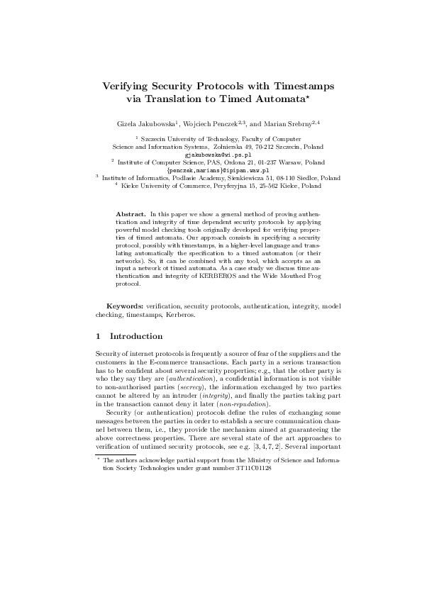 (PDF) Verifying security protocols with timestamps via translation to timed automata