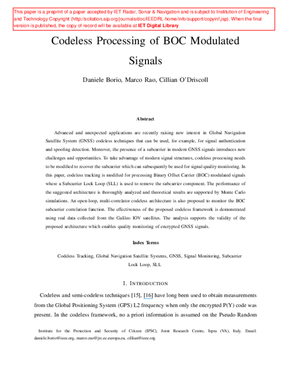 (PDF) Codeless Processing of BOC Modulated Signals