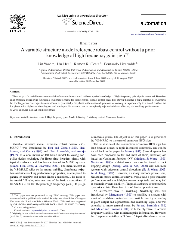 Pdf A Variable Structure Model Reference Robust Control Without A Prior Knowledge Of High