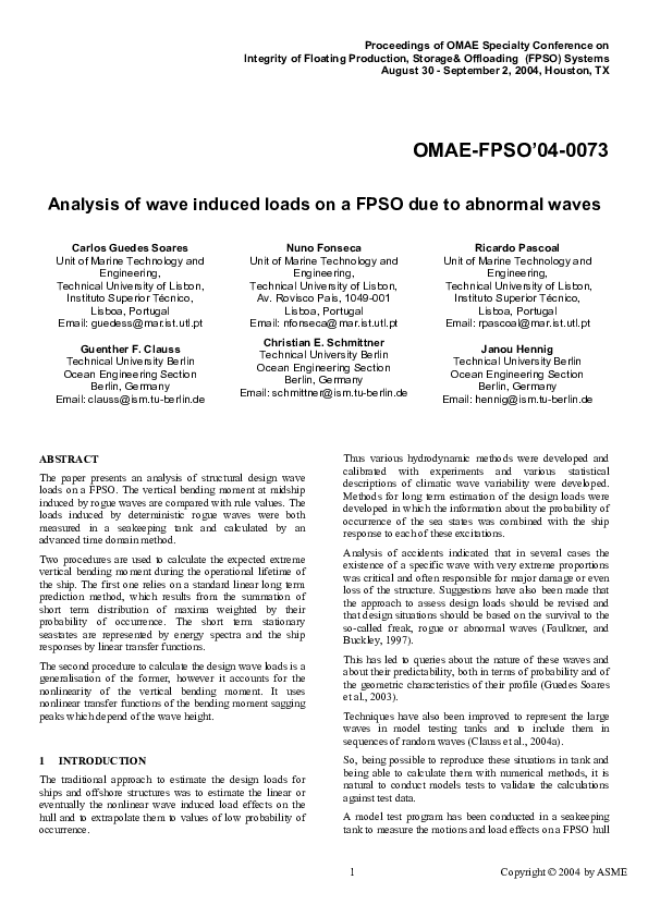 (PDF) Analysis of Wave Induced Loads on a FPSO Due to Abnormal Waves