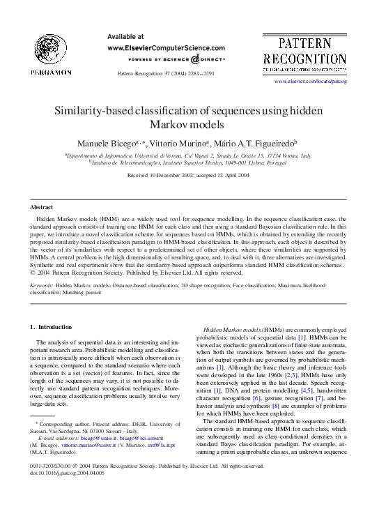 (PDF) Similarity-based classification of sequences using hidden Markov models
