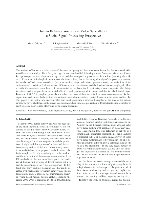 (PDF) Human behavior analysis in video surveillance: a social signal processing perspective