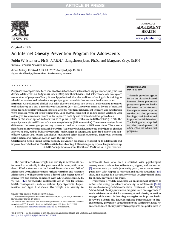 (PDF) An Internet Obesity Prevention Program for Adolescents