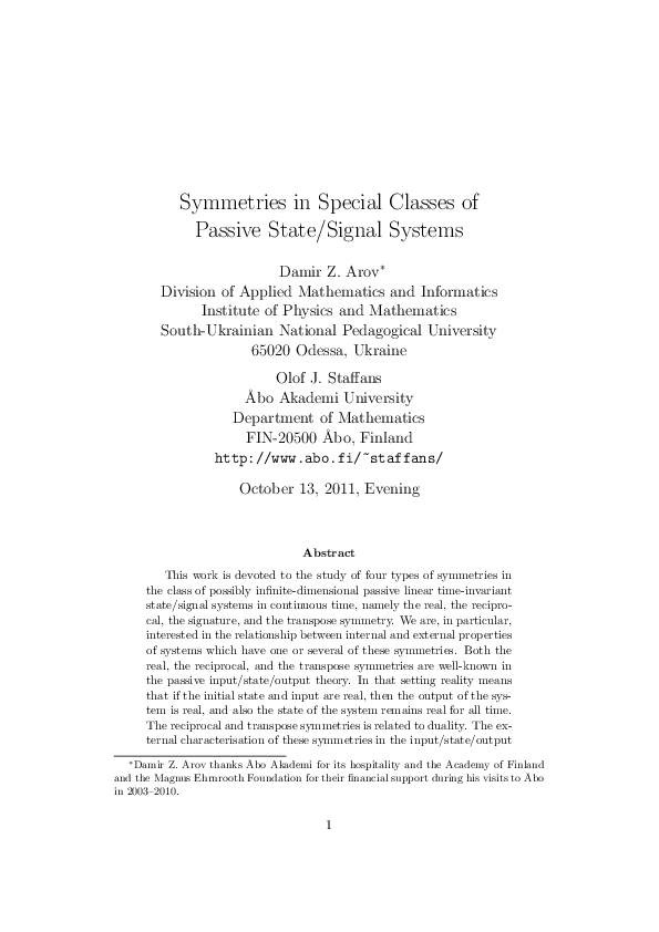 (PDF) Symmetries in special classes of passive state/signal systems ...