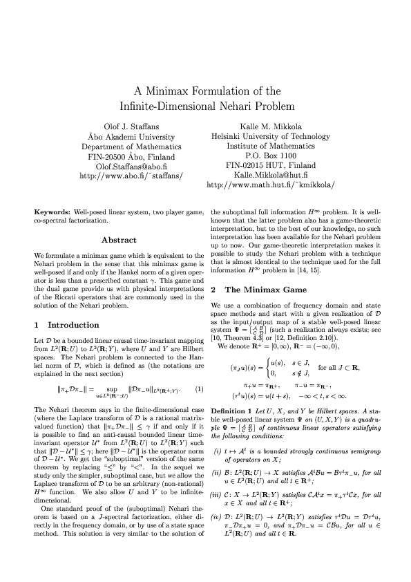 (PDF) A minimax formulation of the infinite-dimensional Nehari problem