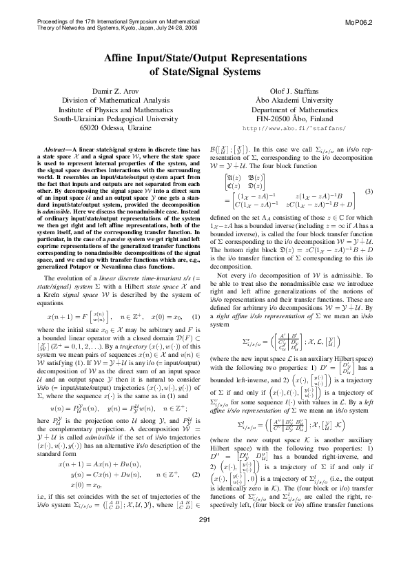 (PDF) Affine Input/State/Output Representations of State/Signal Systems