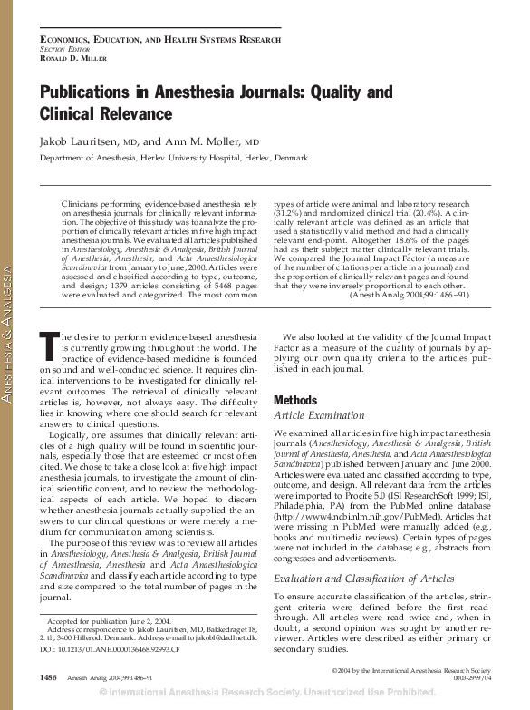 (PDF) Publications in Anesthesia Journals: Quality and Clinical Relevance