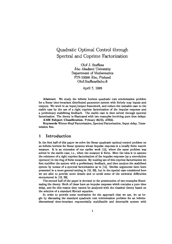(PDF) Quadratic Optimal Control through Spectral and Coprime Factorisation