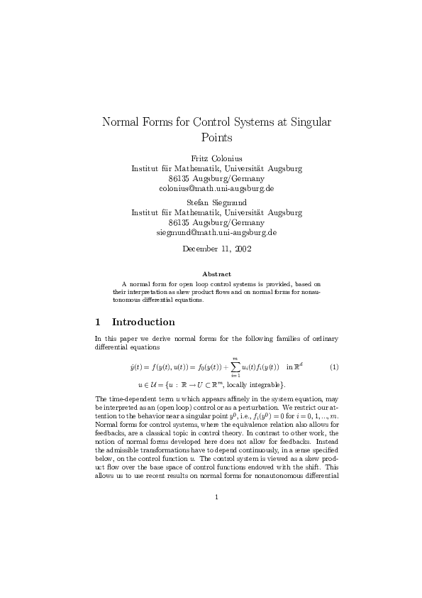 (PDF) Normal Forms for Control Systems at Singular Points