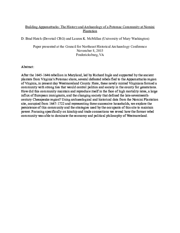(DOC) Building Appamattucks: The History and Archaeology of a Potomac ...