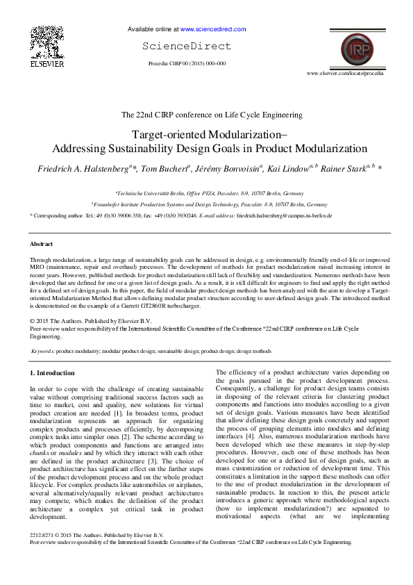 Pdf Target Oriented Modularization Addressing Sustainability Design Goals In Product