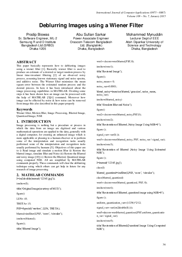 (PDF) Deblurring Images using a Wiener Filter