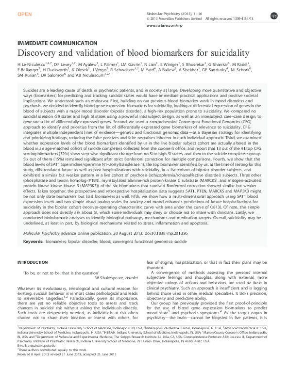 (PDF) Discovery and validation of blood biomarkers for suicidality