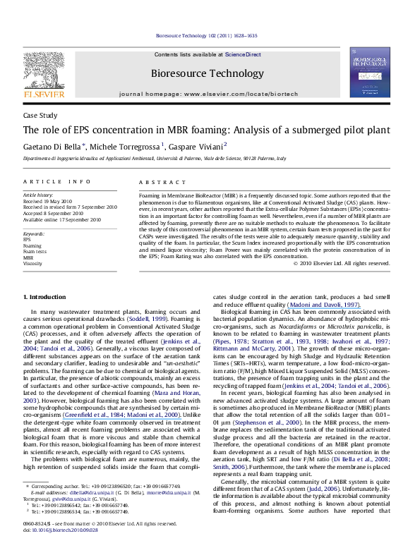 (PDF) The role of EPS concentration in MBR foaming: Analysis of a ...