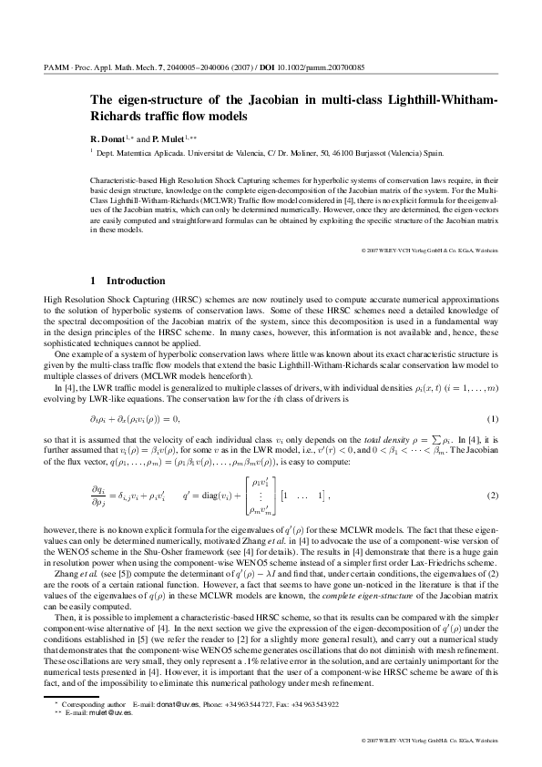 Pdf The Eigen Structure Of The Jacobian In Multi Class Lighthill