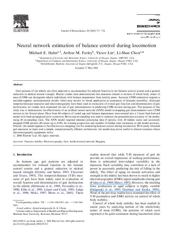 Pdf Neural Network Estimation Of Balance Control During Locomotion