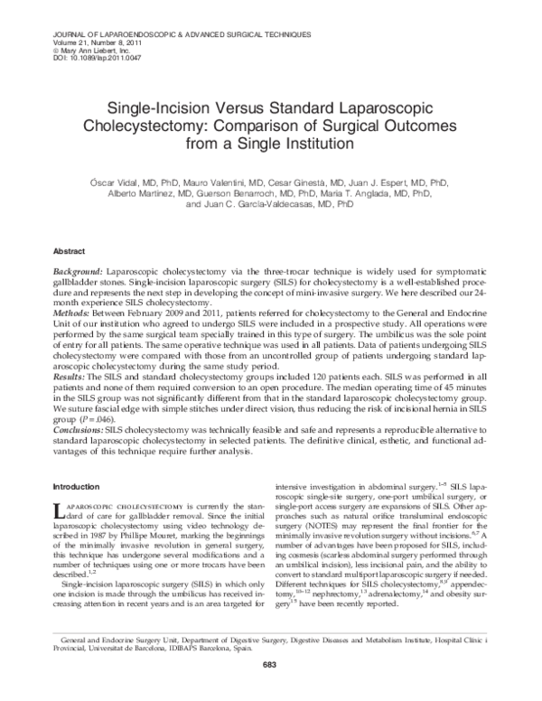 (PDF) Single-Incision Versus Standard Laparoscopic Cholecystectomy: Comparison of Surgical ...