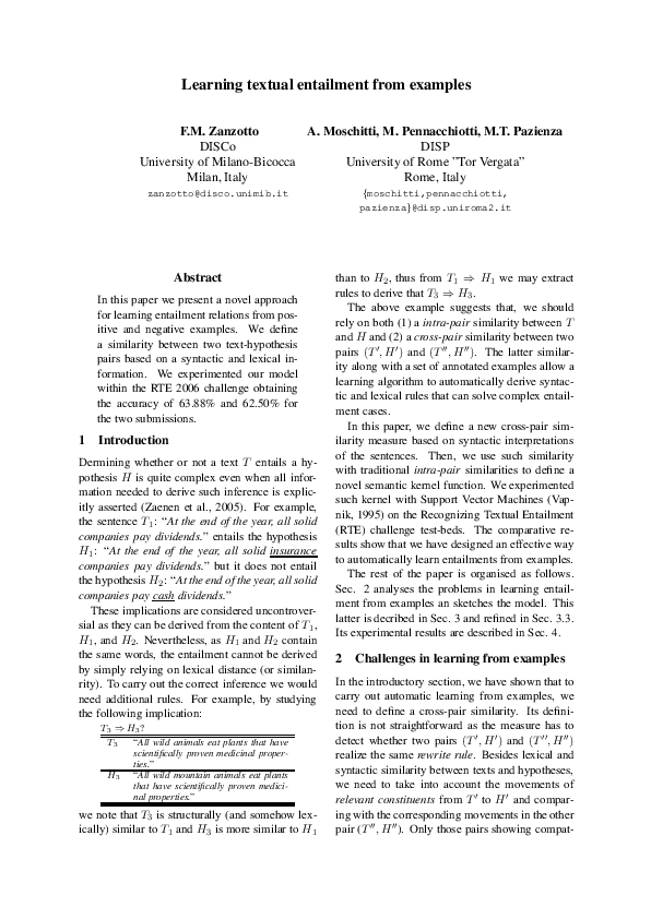 (PDF) Learning textual entailment from examples | Alessandro Moschitti - Academia.edu