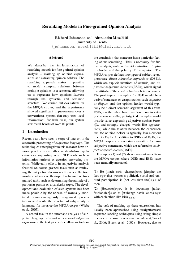 (PDF) Reranking Models in Fine-grained Opinion Analysis