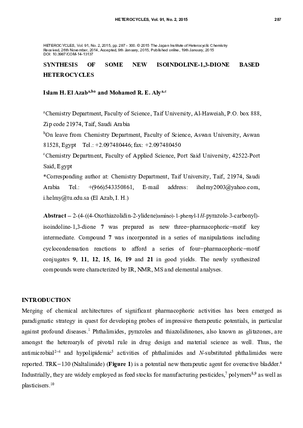 (PDF) SYNTHESIS OF SOME NEW ISOINDOLINE-1,3-DIONE BASED HETEROCYCLES